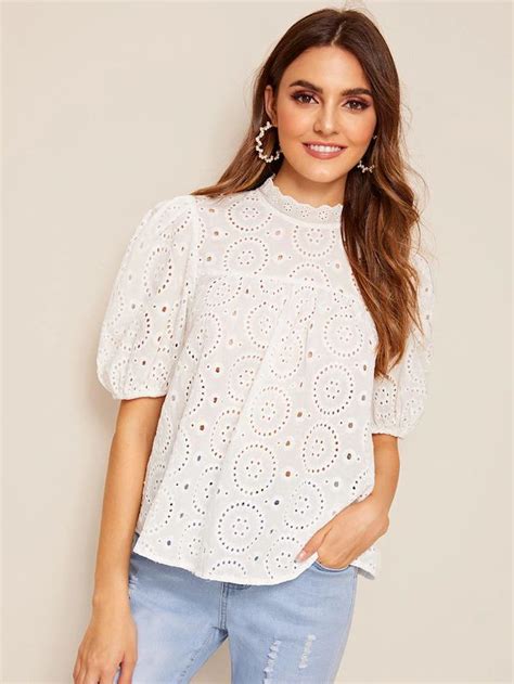 Shein Mock Neck Schiffy Scallop Trim Blouse Lace Blouse Design