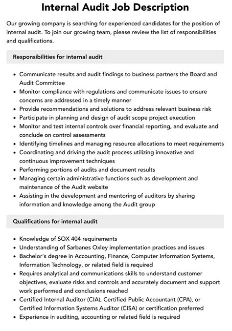 Internal Audit Job Description Velvet Jobs
