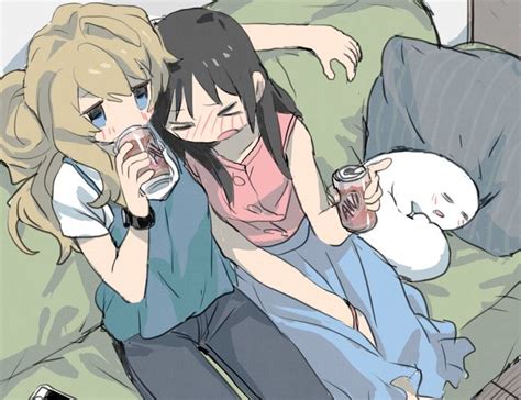 Safebooru 2girls Ahoge Bangs Black Hair Blonde Hair Blue Eyes Blush