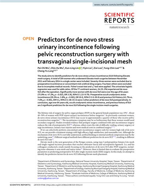 Pdf Predictors For De Novo Stress Urinary Incontinence Following