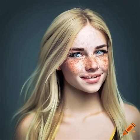 Portrait Of A Beautiful Young Woman With Freckles And Light Blonde Hair