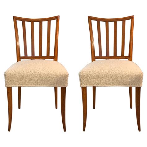 Set Of Six Mid Century Slat Back Dining Chairs In Boucle Fabric At 1stdibs