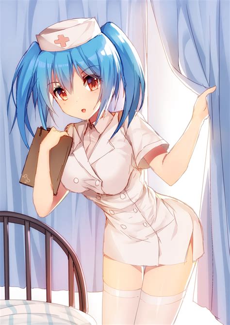 Wallpaper Illustration Anime Girls Blue Hair Short Hair Stockings