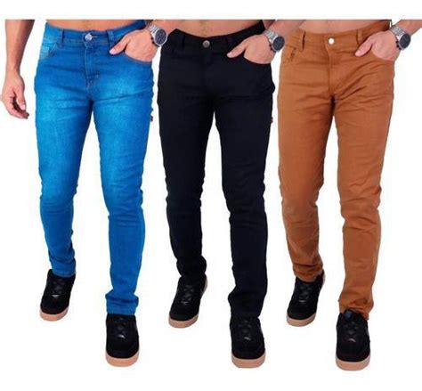 Kit 3 Calça Jeans Sarja Masculina Skinny Slim Lycra Cores Daze