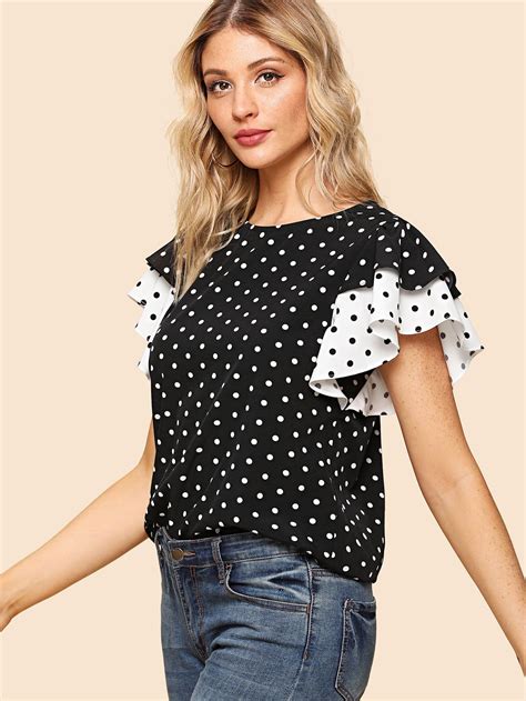 Layered Ruffle Sleeve Keyhole Back Top Shein Sheinside Blusas
