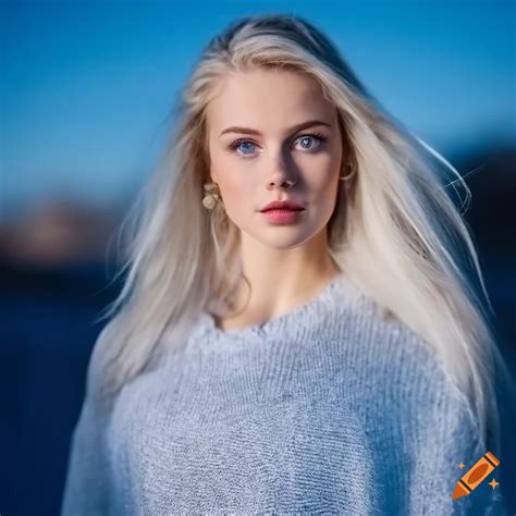 Portrait Of A Swedish Blonde Girl With Blue Eyes And A Natural Smile On