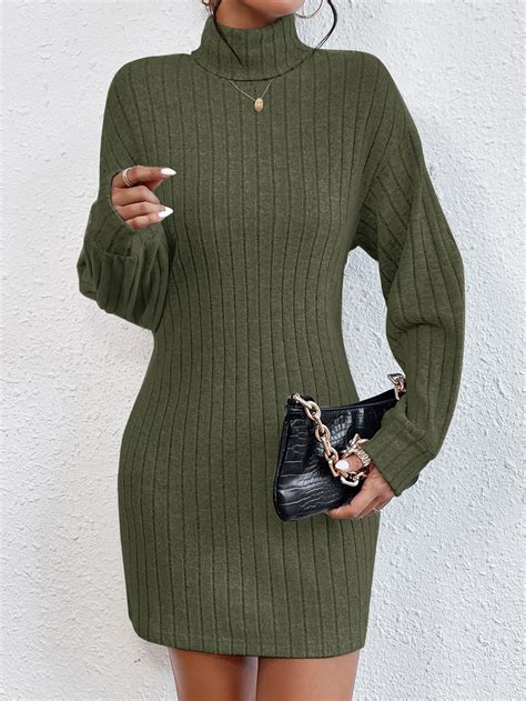 Shein Privé Turtleneck Drop Shoulder Ribbed Knit Sweater Dress Without