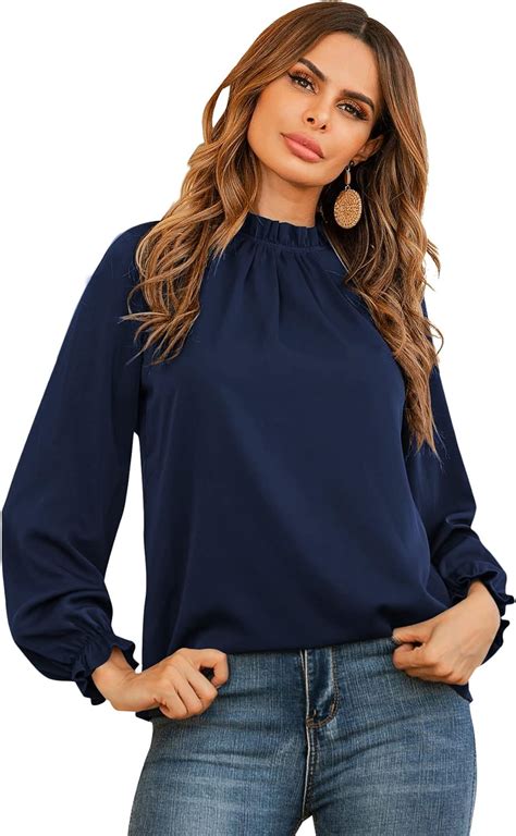 Lyaner Womens Frill Mock Neck Flounce Long Sleeve Solid Blouse Office