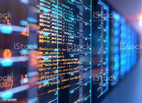 corridor of server room 3d illustration with node base programming data