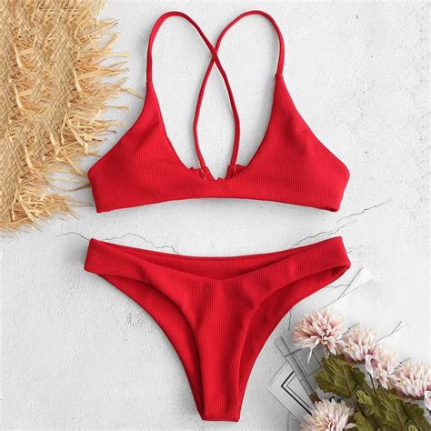 Swimsuit Swimwear Women 2018 High Leg Cami Ribbed Solid Bikini Set