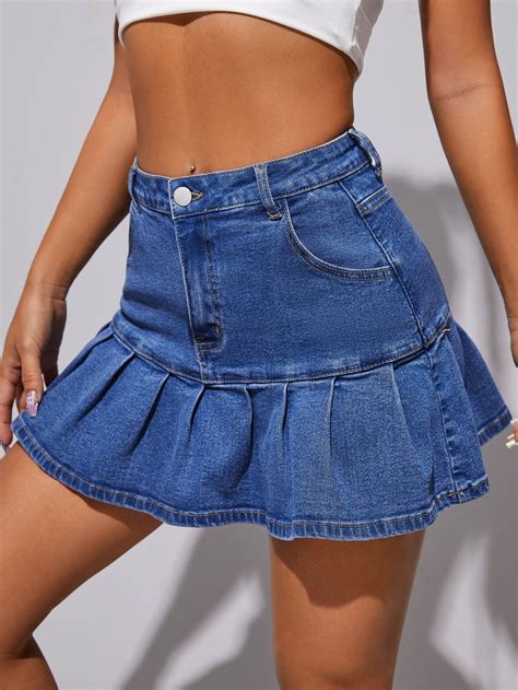 Shein Ruffle Hem Slant Pocket Denim Skirt In 2023 Denim Skirt Outfits