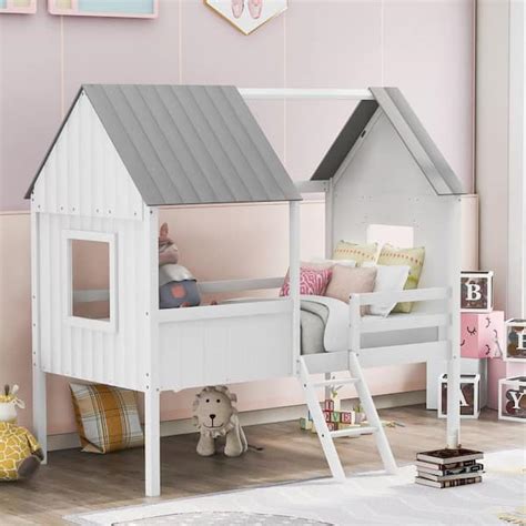 Harper And Bright Designs White Twin Size Wood Low House Loft Bed With