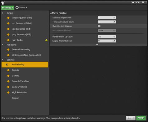 movie render queue settings reference unreal engine documentation