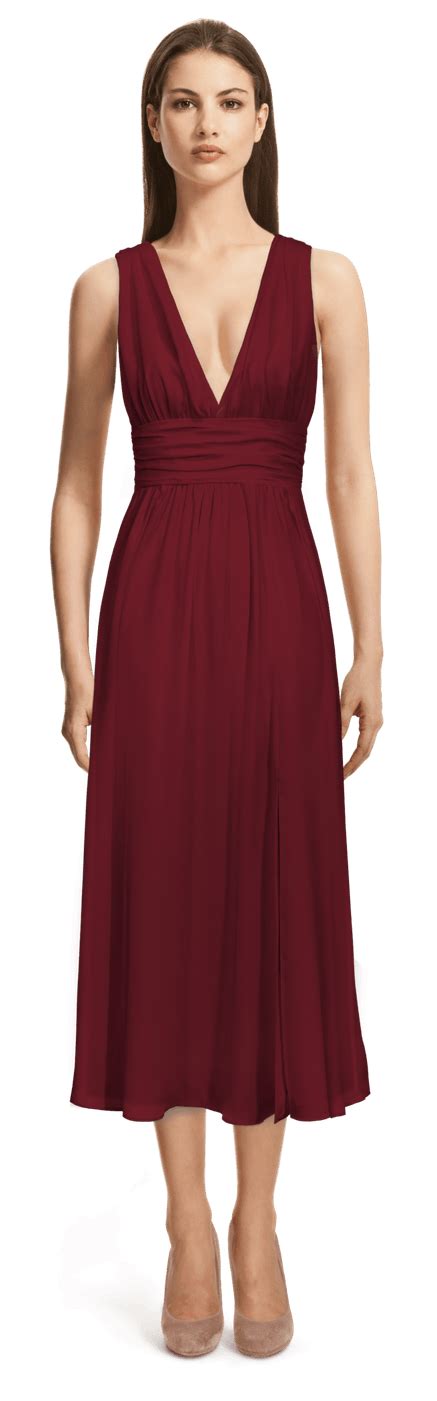 Burgundy Deep V Neck Empire Waist Midi Dress Sumissura