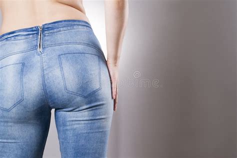 Fat Female Buttocks In Blue Jeans Overweight Woman Body Closeup Stock