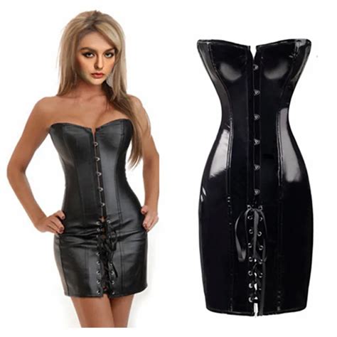 Sexy Pvc Faux Leather Bustier Corsets Dress Steampunk Dress Overbust