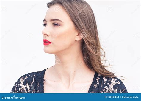Beautiful Smiling Young Woman Portrait Outdoor Long Hair Red Lips