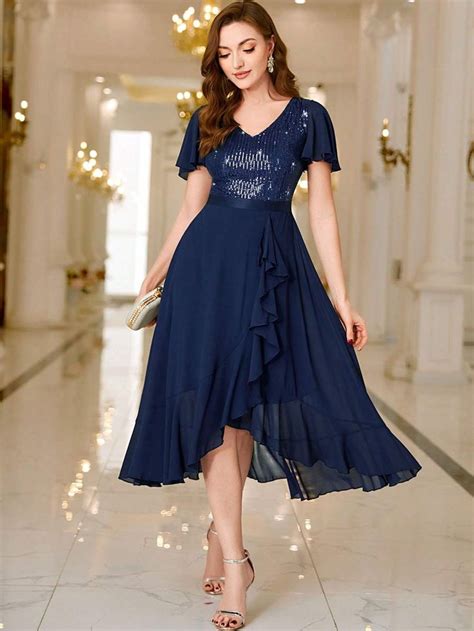 Miusol Contrast Sequin Chiffon Ruffle Butterfly Sleeve Evening Party