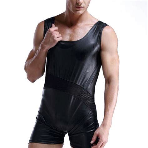 Men Wetlook Bodysuit Jumpsuit Sexy Soft Faux Leather Bodysuit