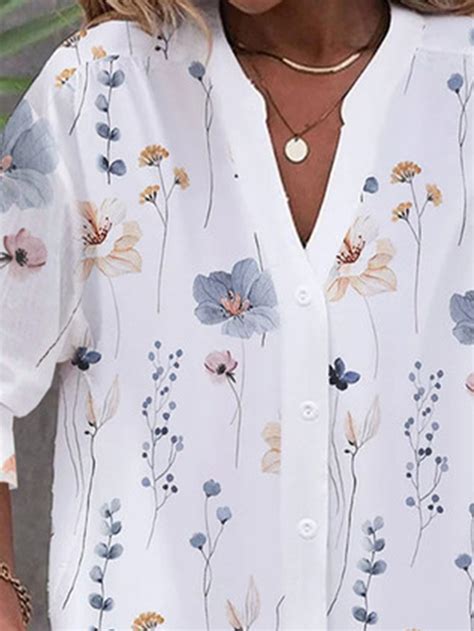 V Neck Casual Floral Loose Buttoned Down Long Sleeve Blouse Roselinlin