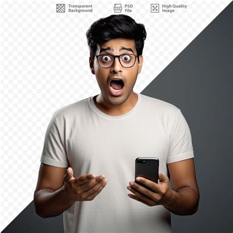 Premium Psd A Man Wearing Glasses Is Holding A Phone With The Words