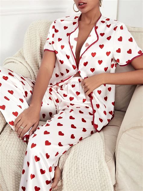 Heart Print Contrast Binding Satin Night Set In 2022 Print Pant Set