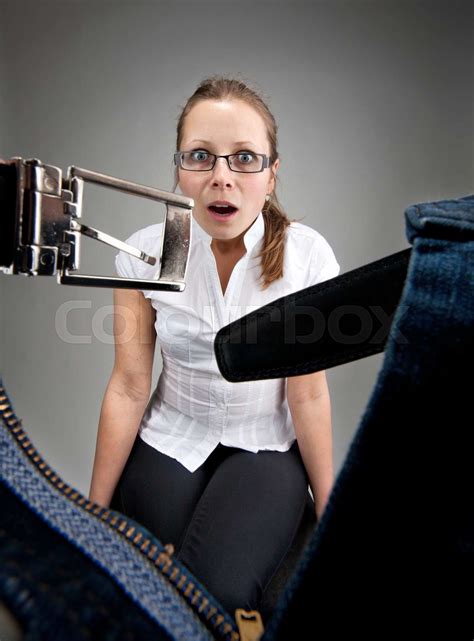 Surprised Girl Looking Inside Unzipped Pants Stock Image Colourbox
