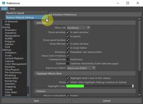 how to reset maya preferences to default settings