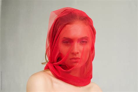 «confident Woman With Red Veil On A Head And Bare Shoulders Del