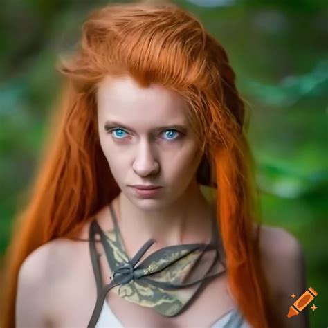 Close Up Of A Fierce Ginger Haired Warrior Woman With A Long Bow On Craiyon