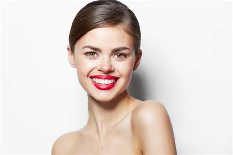 Premium Photo Lady Red Lips Attractive Look Nude Shoulders Smile Long
