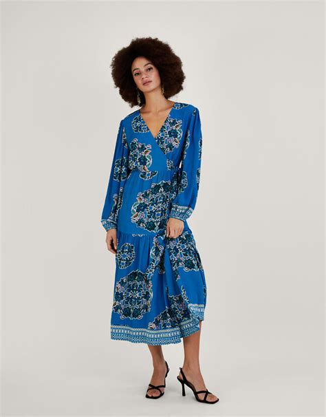 Thea Print Wrap Dress In Sustainable Viscose Blue Day Dresses