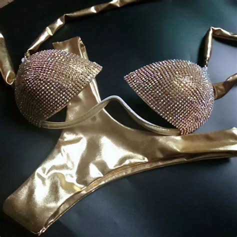 Vacation Diamond Bikini Set Sexy Swimwear Push Up Bling Stones Bathing