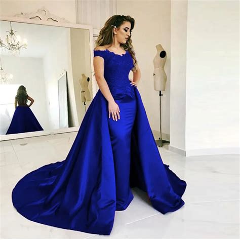 Royal Blue Lace Mermaid Evening Dress With Detachable Train Elegant