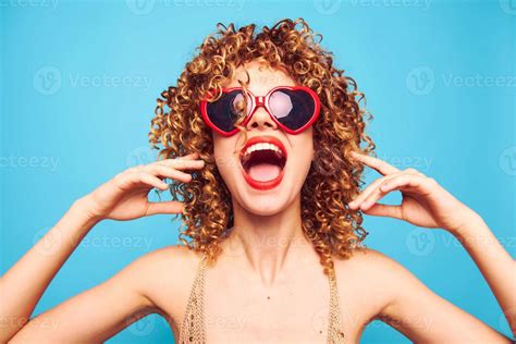 Cheerful Woman Red Lips Hands Near Face Open Mouth Curly Hair 22053900