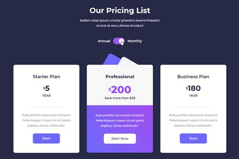 create a dual variable pricing table with elementor page builder
