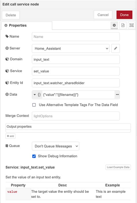 how to send a folder path to input text node red home assistant