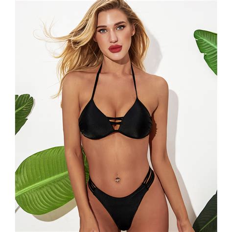 Sexy Bikini Solid Color Swimsuit Summer Women Hollow Out Swimwear