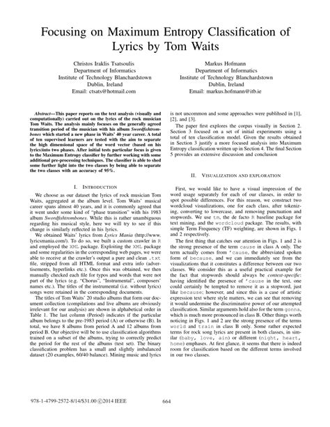 pdf focusing on maximum entropy classification of lyrics by tom waits