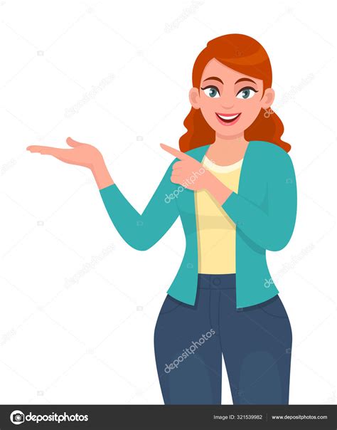 Young Woman Presenting Hand To Copy Space Trendy Smiling Girl Pointing
