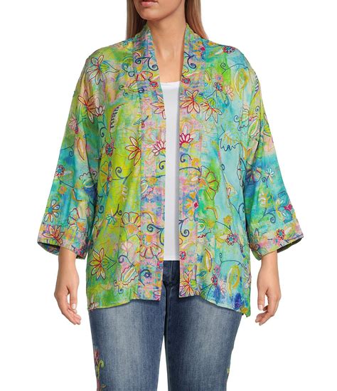 John Mark Plus Size Mixed Print Floral Embroidery Banded Neck 3 4