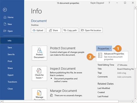 word document properties customguide