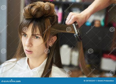 Hair Straightening With Keratin And A Hair Iron Stock Image Image Of