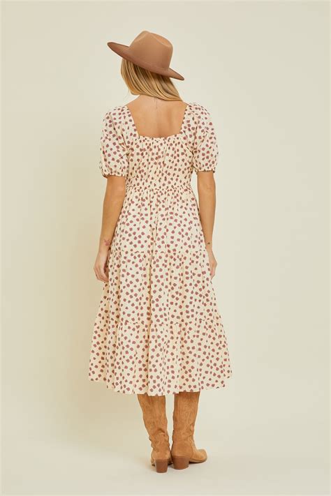 Cream Floral Puff Sleeve Tiered Midi Dress Pinkblush