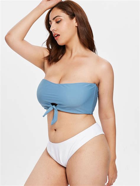 [36 Off] 2021 Zaful Knotted Bandeau Plus Size Bikini Set In Silk Blue