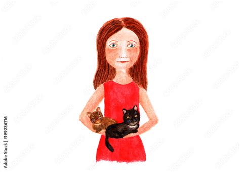 Woman With Two Cats In Her Arms Watercolor Illustration Beautiful