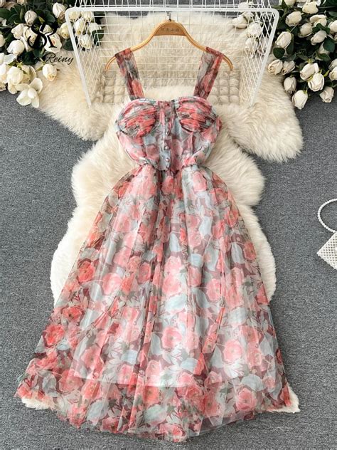 Singreiny Mesh Women Floral Print Dress Backless French Style Elastic