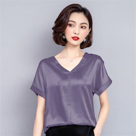 Sommer Frauen Tops Silk Casual Solid Frauen Blusen V Ausschnitt Mode