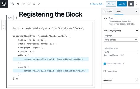syntax highlighting code block with server side rendering wordpress