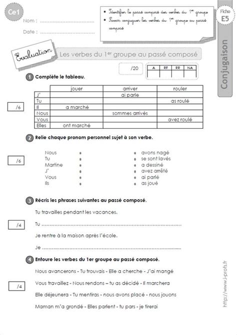 Ce1 Evaluation Passé Composé Des Verbes Du 1er Groupe